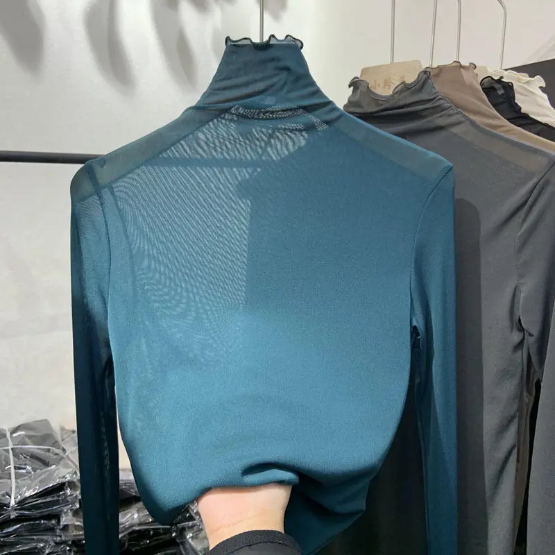 New-Sexy-Women-Blouses-See-Through-Transparent-Mesh-High-Neck-Long ...