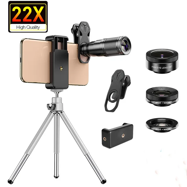 APEXEL 22X Telephoto Lens Kit 4in1 Macro Wide Fisheye Lens With Tripod ...
