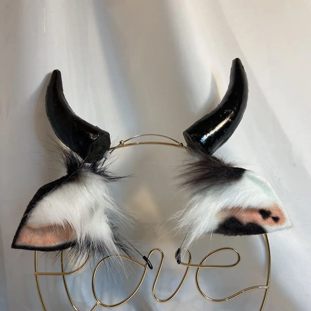 MMGG New Dairy Cow Ox Ears Horns Hairhoop Beast Fox Style Headwear Tail ...