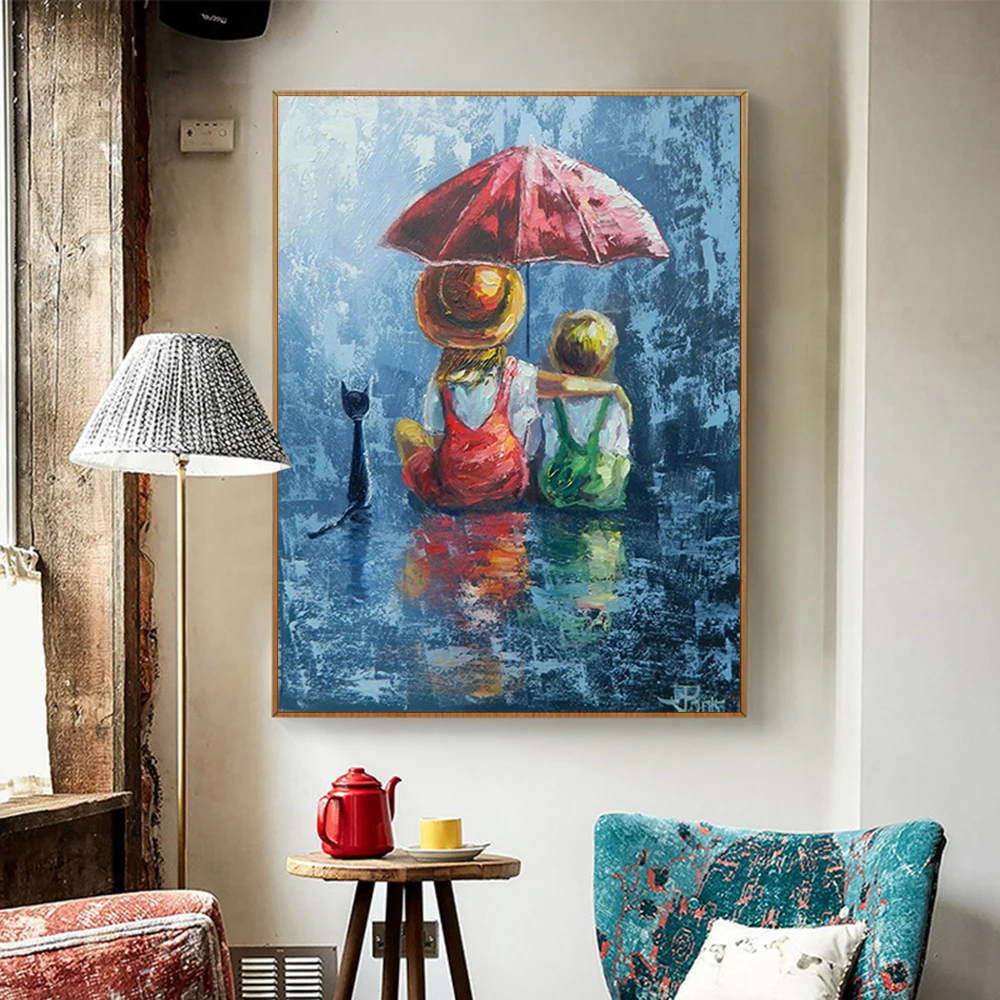Cute Sister And Brother In The Rain Oil Painting Art Canvas Printing ...