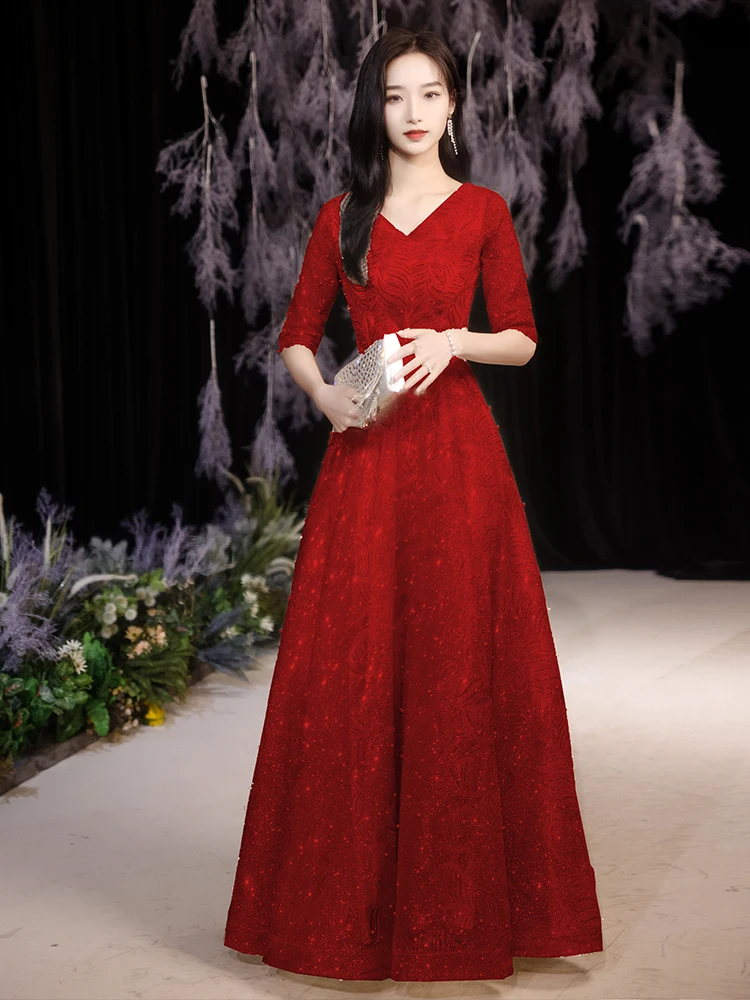 Red Evening Gown With Sleeves
