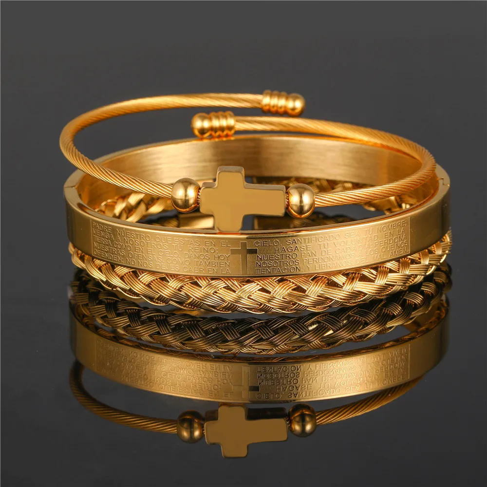 Luxury-Set-Stainless-Steel-Open-Bangle-Cross-Charm-Hip-Hop-Men-Jewelry ...