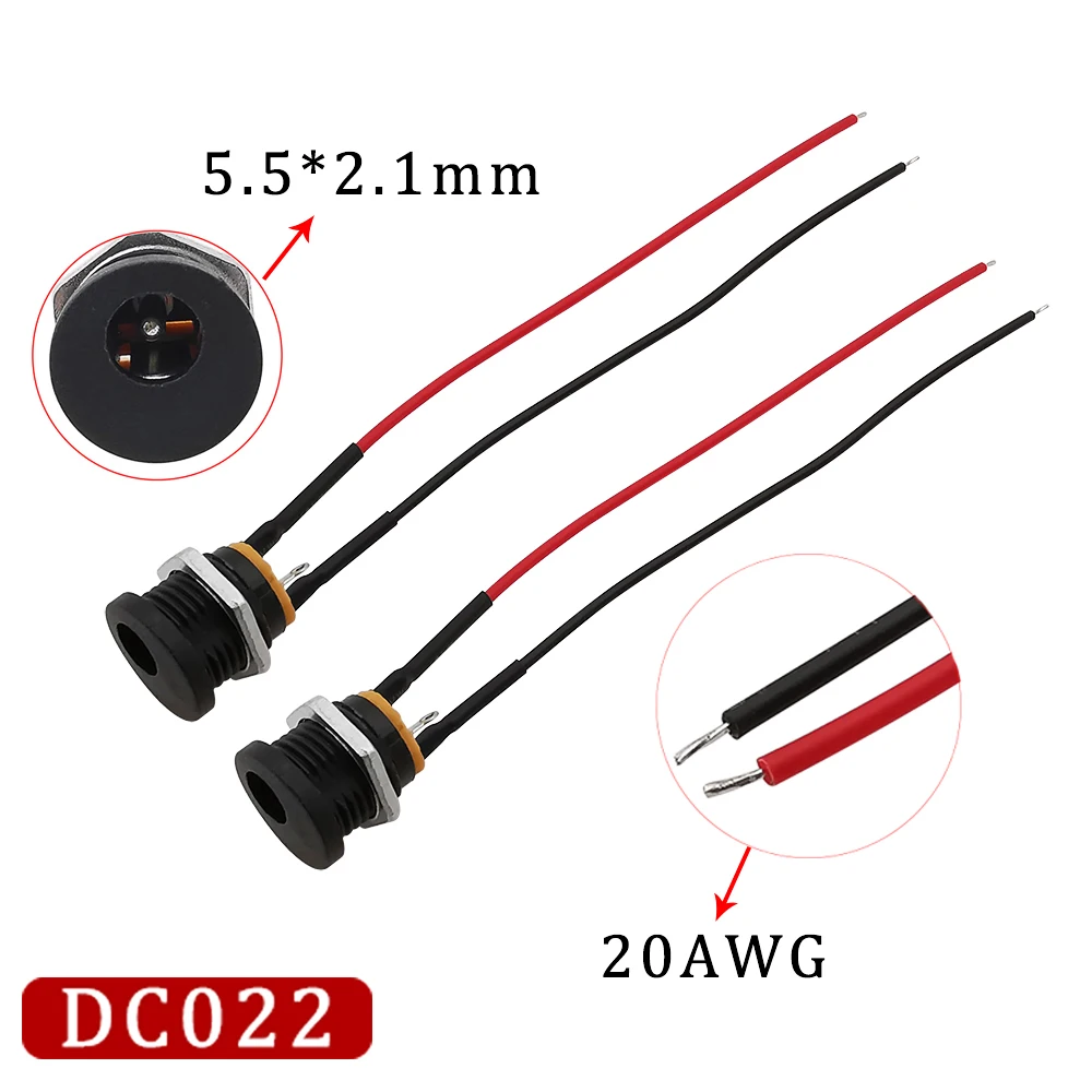 1/2/5pcs 5.5x2.1mm Dc-022 Dc Power Threaded Female Jack Charge Socket Panel Mount 20awg Pigtail ...