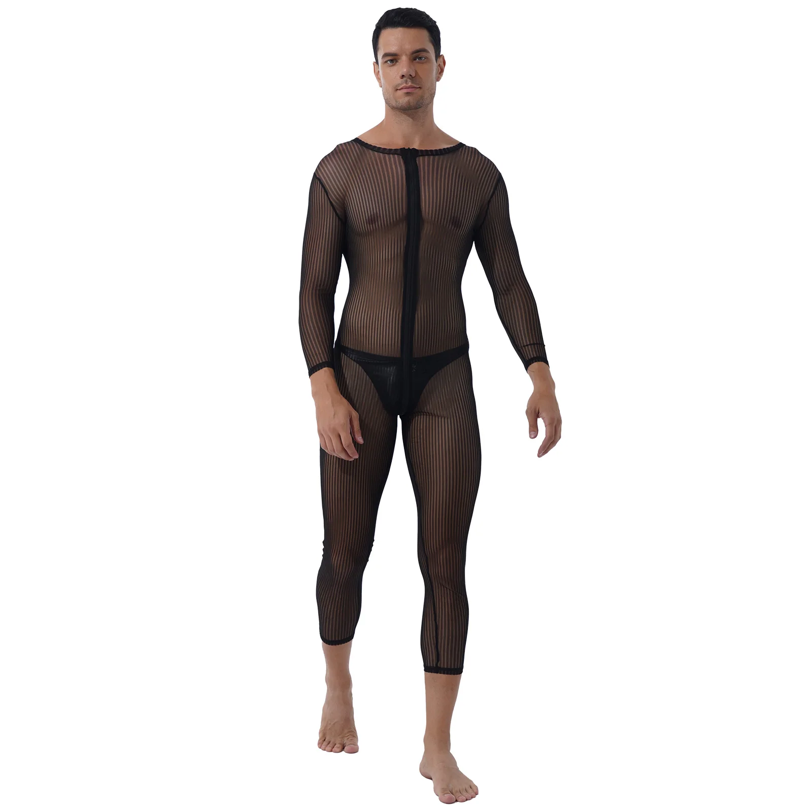 Men See Through Long Sleeve Bodysuit Skinny Jumpsuits Two Way Zipper
