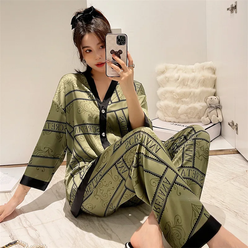 Qweek 여성용 스트라이프 잠옷 레터 프린트 잠옷 실크 같은 잠옷 여성용 2 피스 세트 빈티지 녹색 라운지웨어파자마