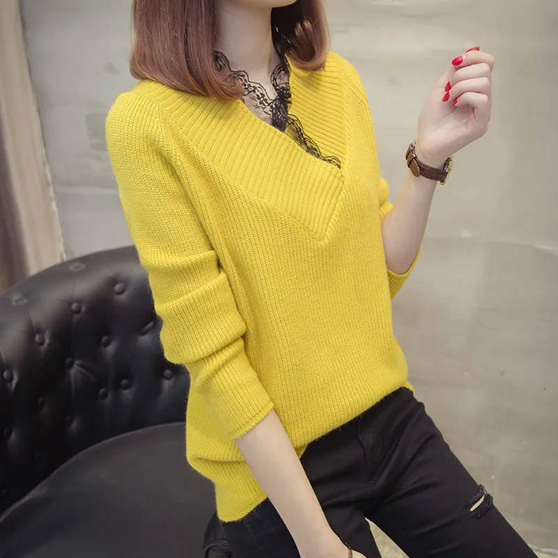 Winter Warm Yellow Lace Pullover Women Knitted Sweater Fall Ladies ...