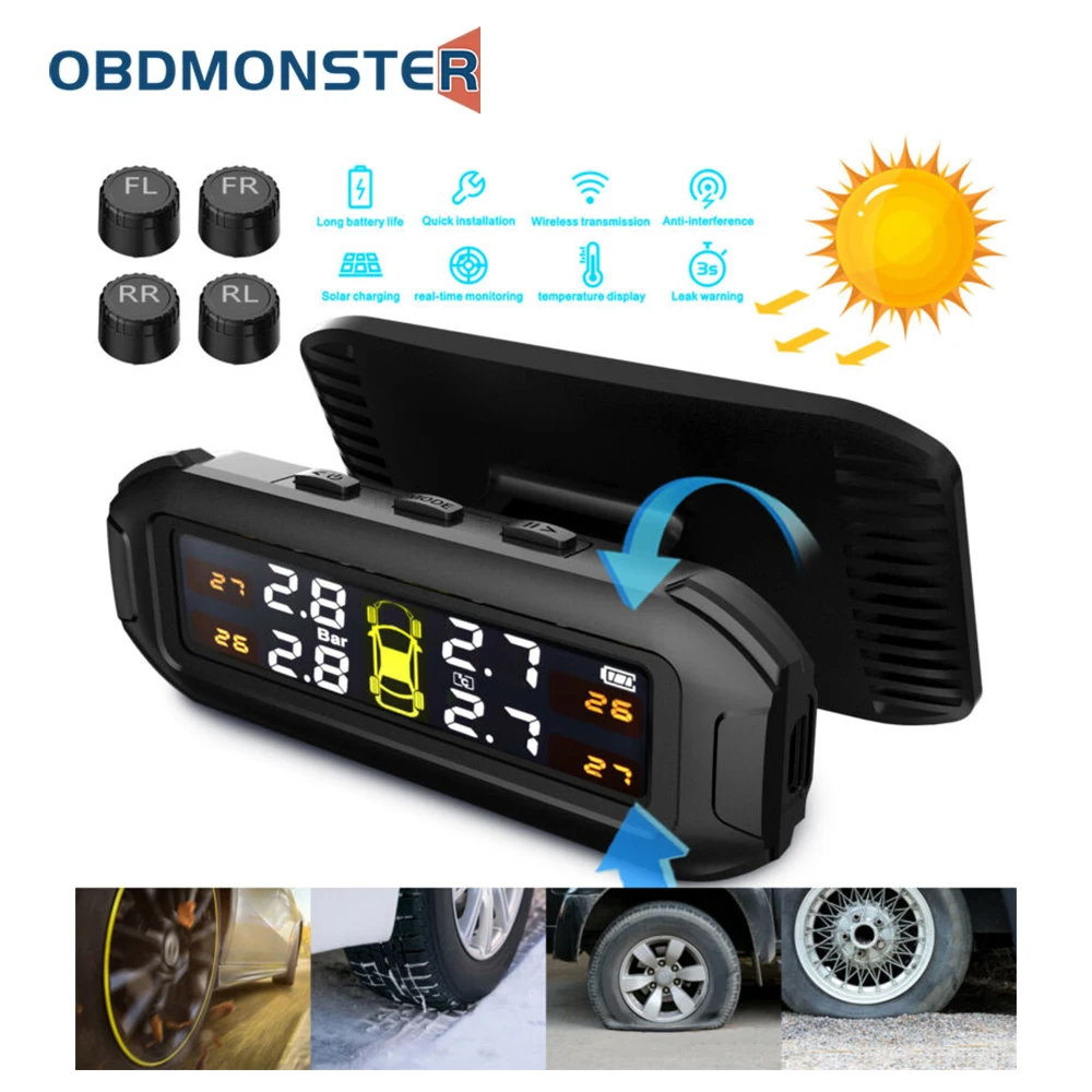 Universal TPMS Wireless Tire Pressure Monitoring System Solar USB TPMS ...