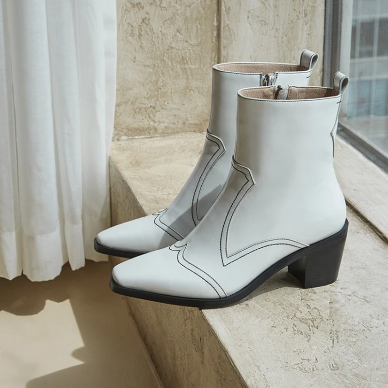 CIALISA Botines de tacón medio de cuero para mujer, botas con punta en ...