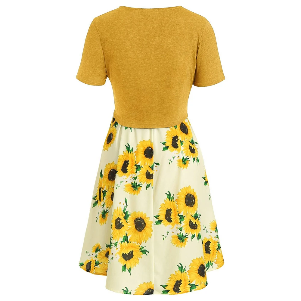 Sunflower Print Two Pieces Loose Print Short Sleeve Elegant Dress