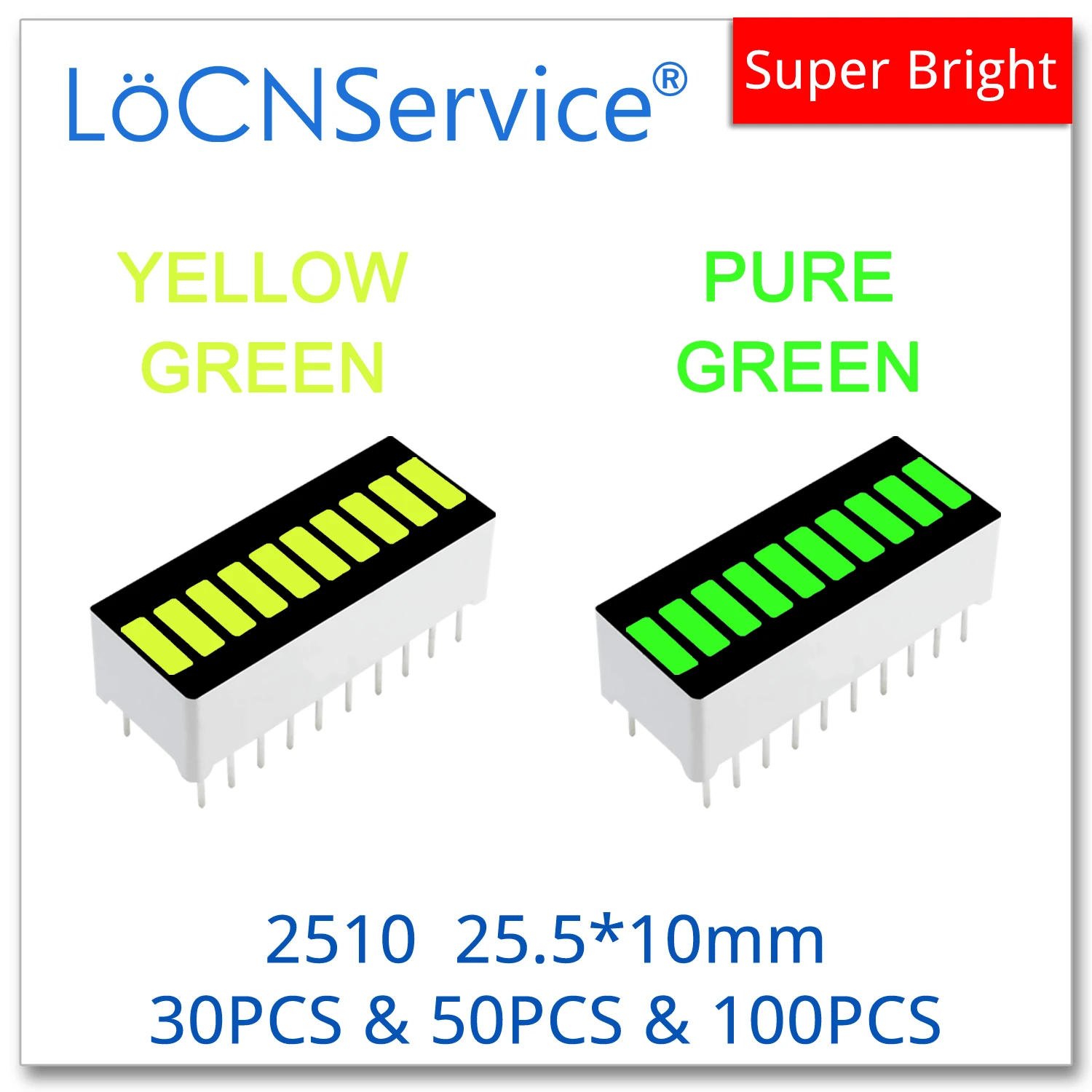 LoCNService LED Bar graph Light 10-segment 2510 YELLOW-GREEN PURE-GREEN ...