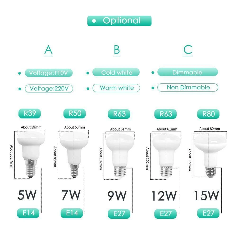 R80 R63 R50 R39 Dimmable E27 E14 5w-15w Led Bulb Saving Energy ...
