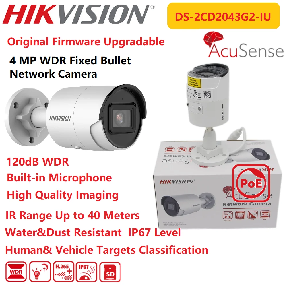 Hikvision ip câmera 4mp DS 2CD2043G2 IU acusense fixo bala embutida ...