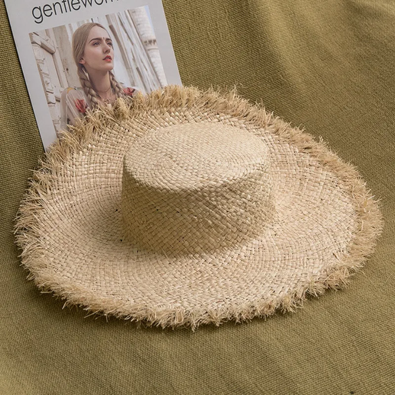 100-Handmade-Natural-Raffia-Hats-Women-Flat-Top-Wide-Brim-Straw-Hat ...