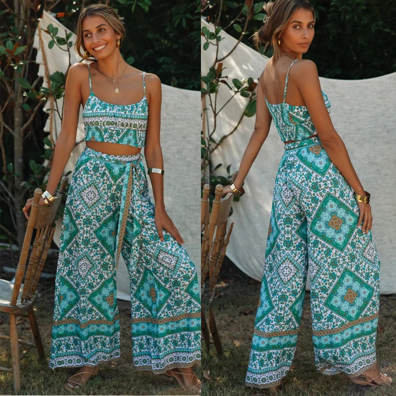 Blue-Printed-Two-piece-Clothes-Pants-Sets-Women-Sleeveless-Straps-Camis ...