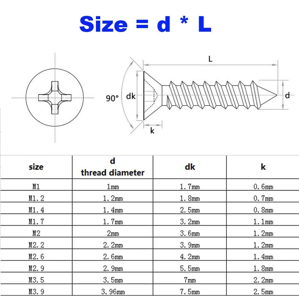 M2-7mm -Vis à bois autotaraudeuses M1 M1.2 M1.4 M1 M2 M2.6 M3 M3.5 M4, Mini vis Phillips en ...