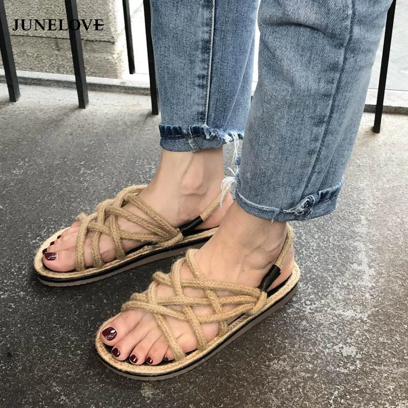 JuneLove 2020 Summer Woman Hemp Rope Sandals Soft Bottom Roman Shoes ...