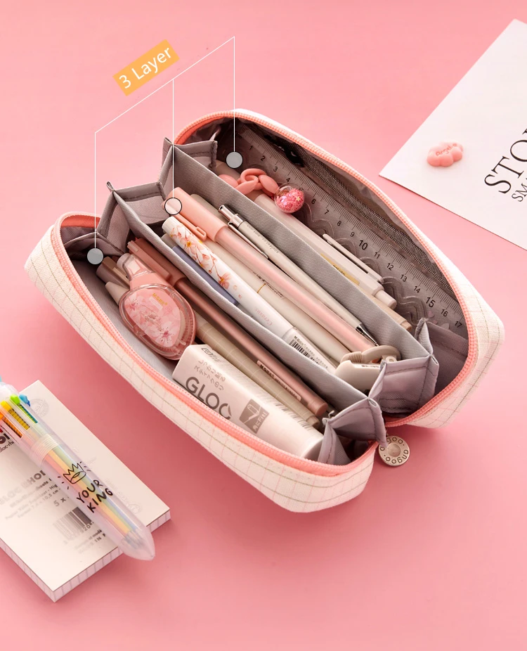 Trousse scolaire,Angoo [Plaid] – sac à crayons 3 couches,grande ...