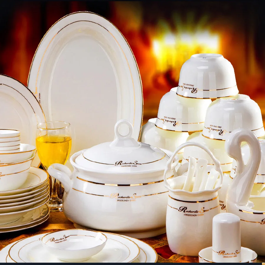 Jingdezhen conjunto de pratos de porcelana, 60 cabeças, pote, jantar ...