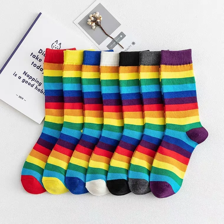 1 Pair of Fashion Striped Rainbow Women's Socks Men and Women Couples ...