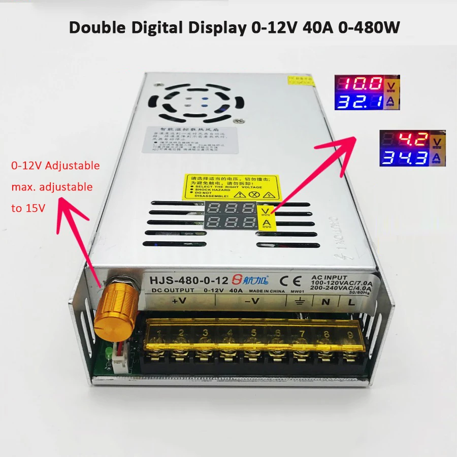 Double Digital Display Adjustable Switching Power Supply 0 12V 40A 480W ...