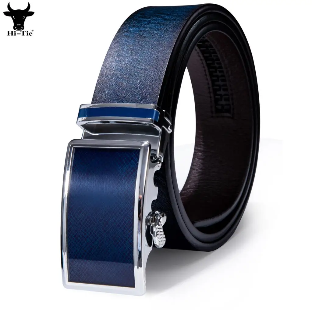 Hi-Tie-Mens-Belts-Metal-Automatic-Buckles-Blue-Navy-Genuine-Leather ...