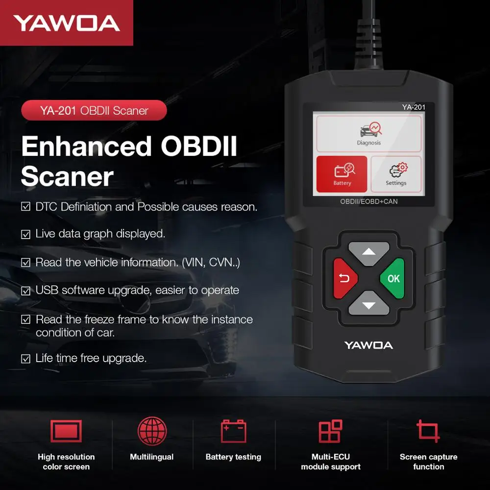 YAWOA YA201 ODB2 считыватель кодов YA-201 OBDII сканер Диагностический Авто OBDII двигатель ...