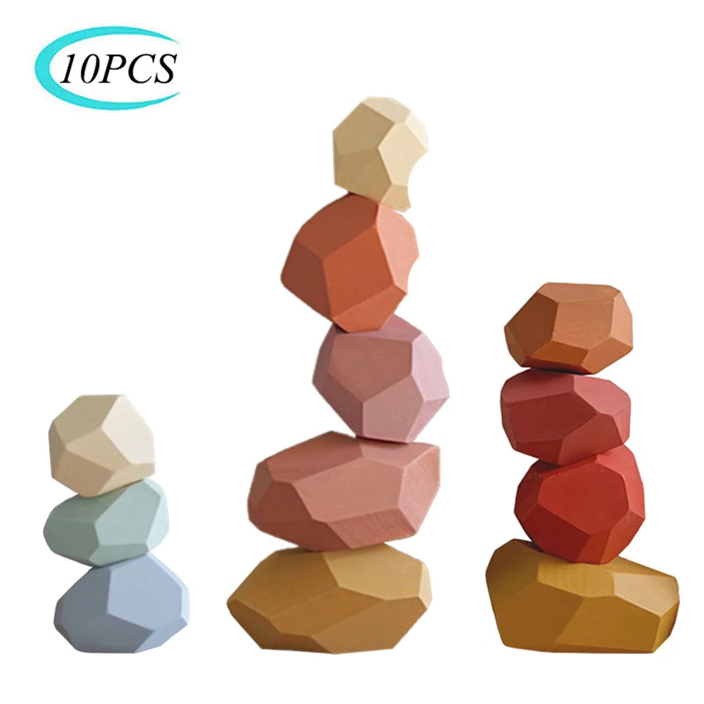 Kids Wooden Colored Stone Building Block Educational Toy Creative ...
