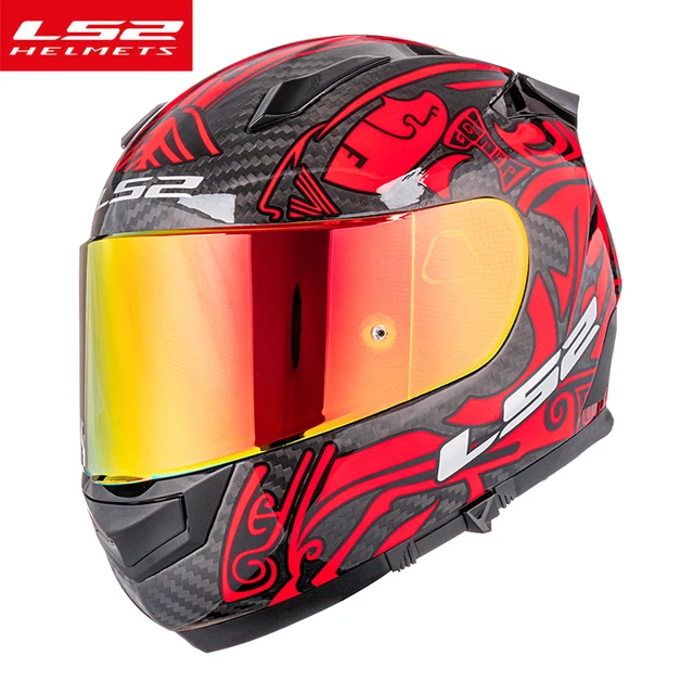 NewArrival LS2 FF801 Carbon Fiber Shell Full Face Motorcycle Helmet With Chrome Red Visor Casto ...