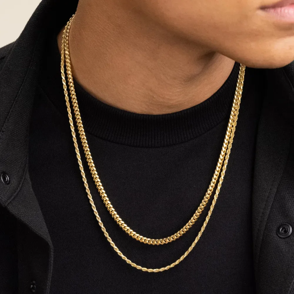 Stainless Steel 6mm Cuban Link + 3mm Rope Chain Stack - Necklace ...
