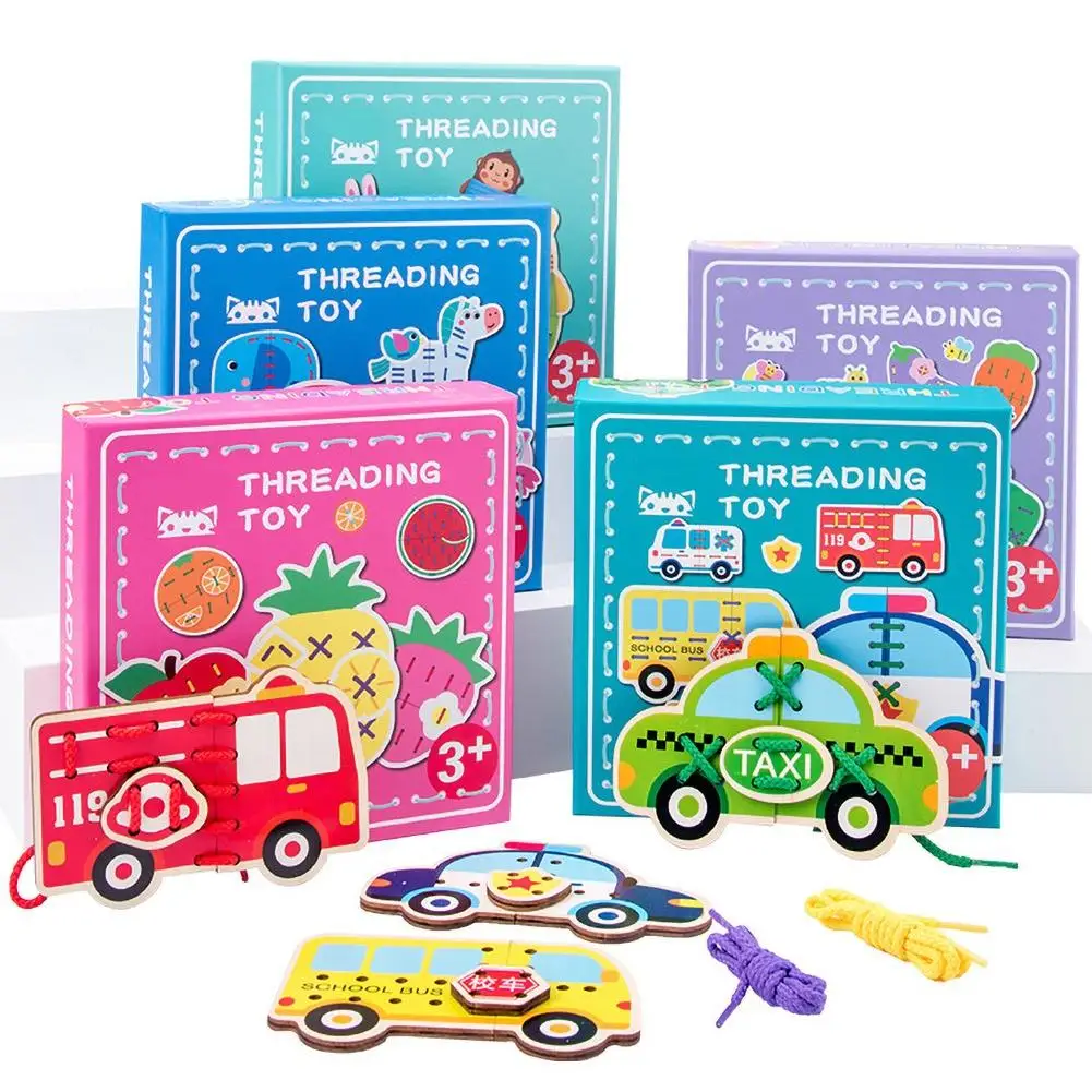 Kids Cartoon Fruit Animal Vegetable Wooden Lacing Block Threading Game ...