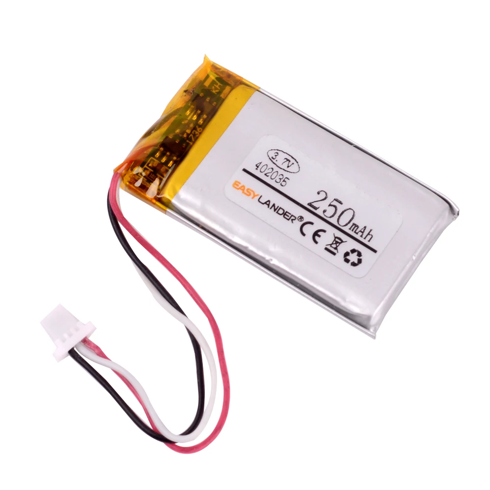 3.7V 250mAh 402035 Lithium Polymer Rechargeable battery JST 1.0mm-3pin ...
