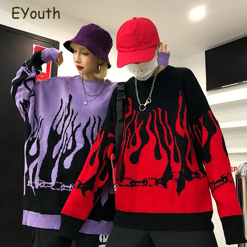 Couple Sweater Harajuku Hip Hop Flame Fire Sweaters Knit 2020 Autumn ...