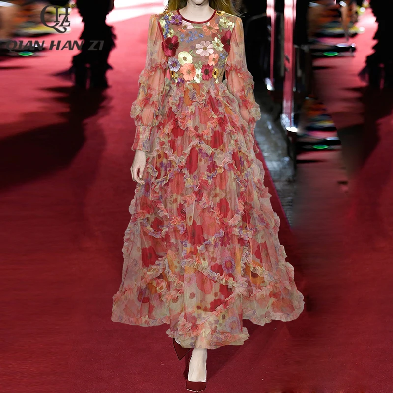 QHZ designer fashion runway Embroidery maxi dress Lantern sleeve retro ...