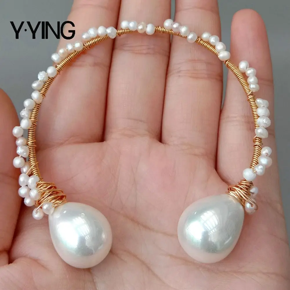 Y·YING natural White Freshwater Pearl sea shell pearl Handmade Gold ...