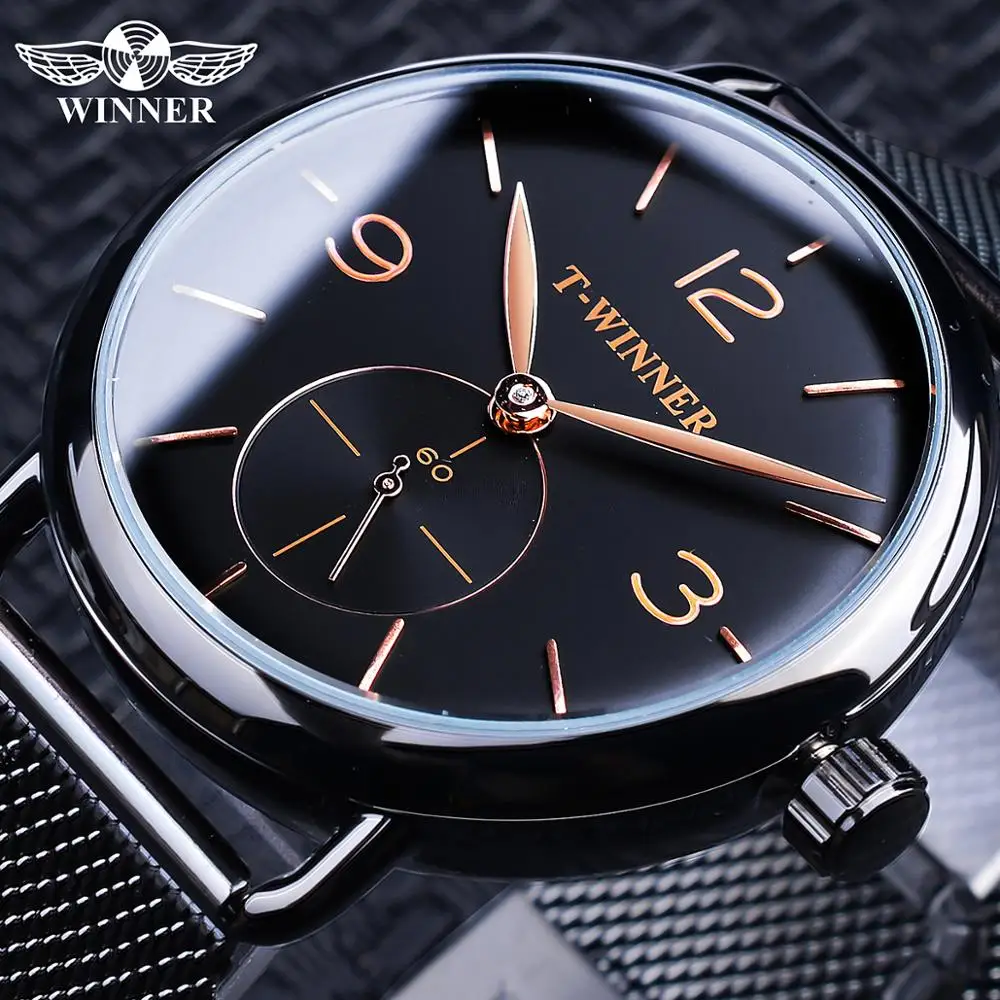 Winner Black Mens Mechanical Watches Simple Slim Thin Hand Wind Analog ...