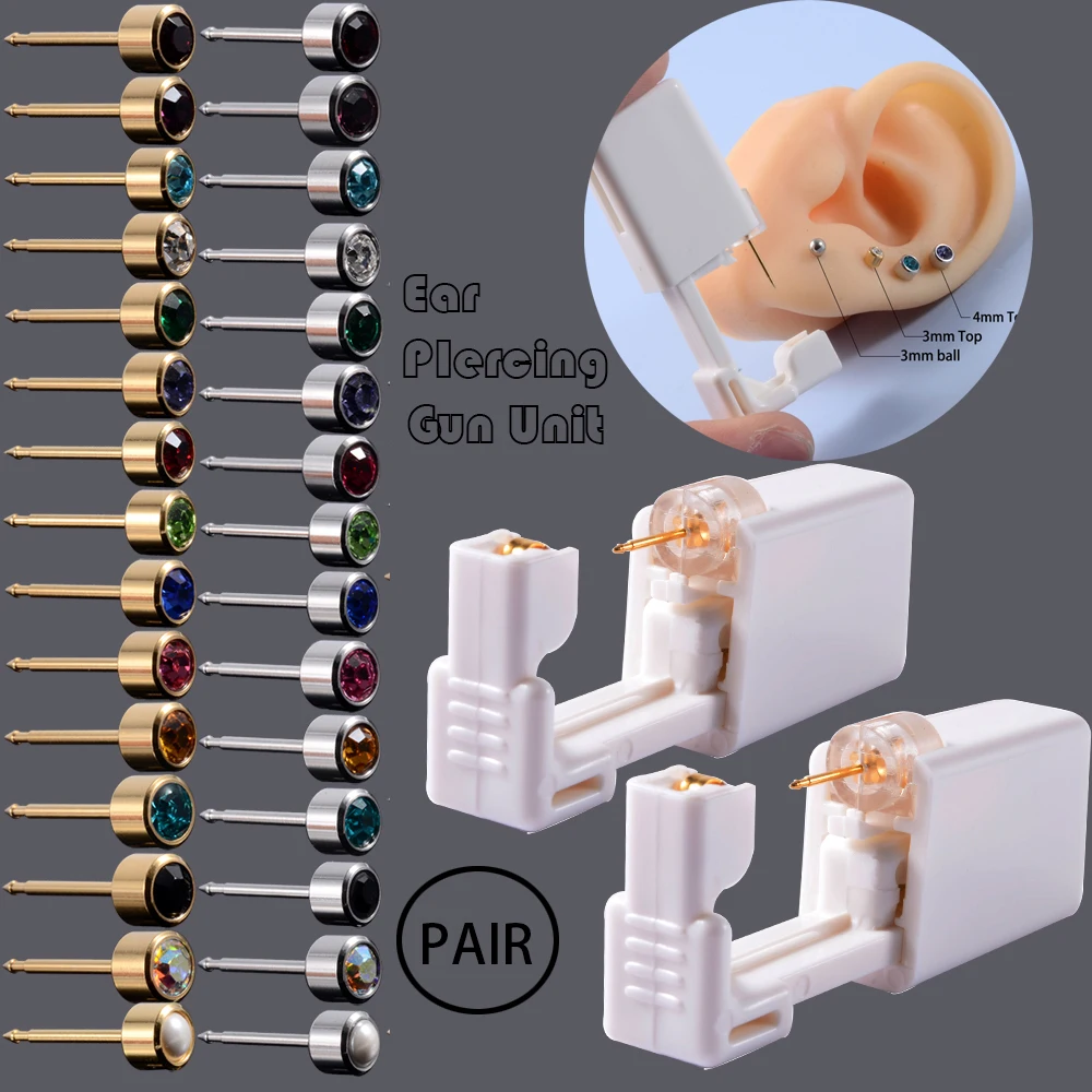 2Pcs Disposable No Pain Safe Sterile Ear Stud Piercing Unit Gun Kit ...