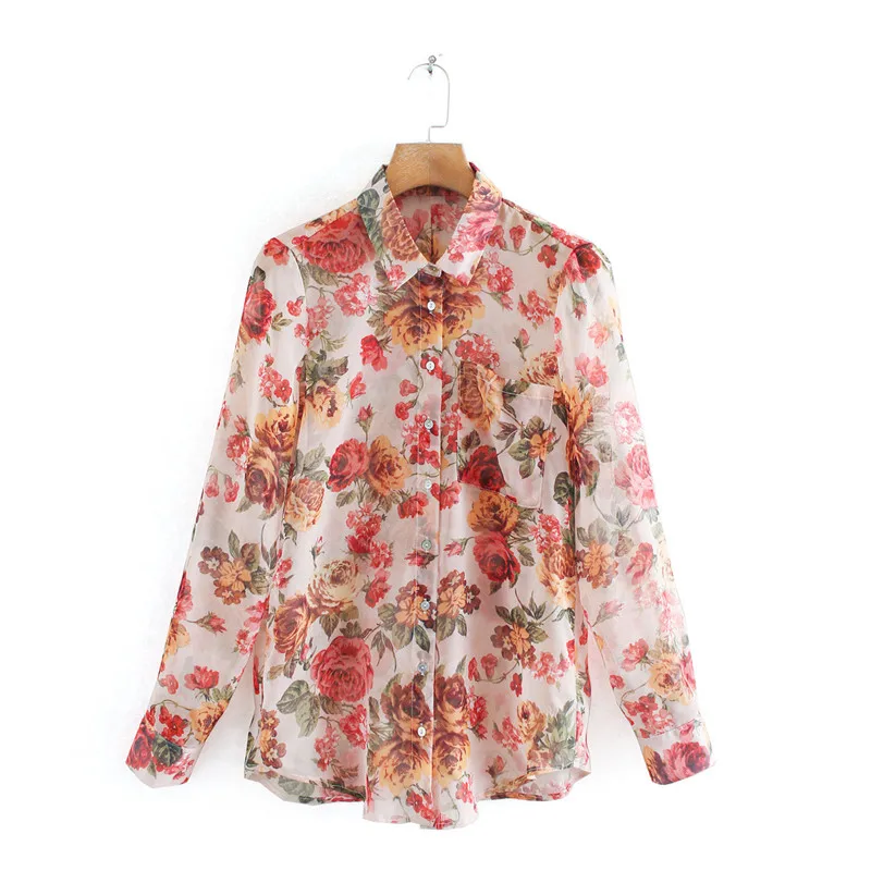2020 Spring and Summer New Women Shirts Floral Print Thin Long Sleeve ...