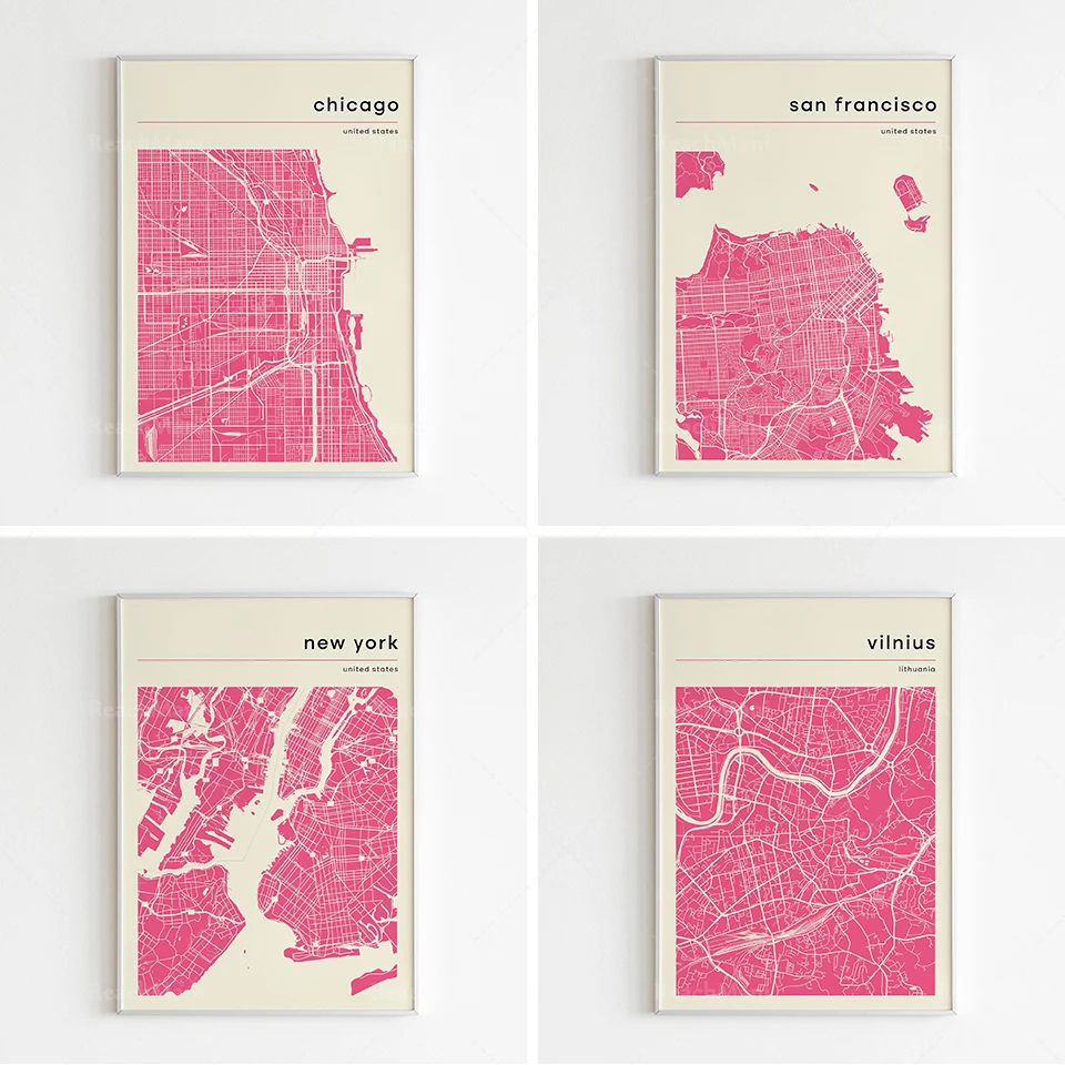 San Francisco, Vilnius, Chicago, New York map print, pink map, city ...