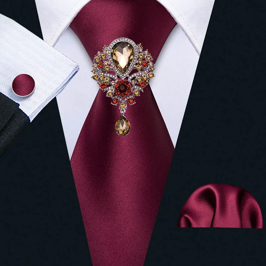 Red Satin Silk Tie Rhinestone Broches Homens Wedding Tie Hanky Set ...