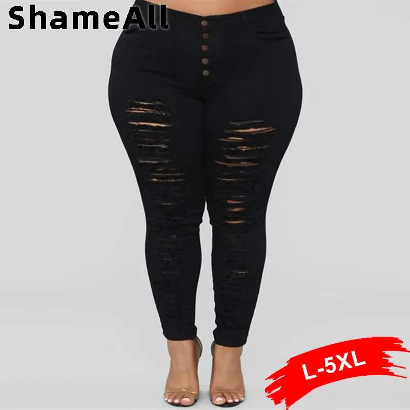 Plus-Size-Button-Up-Ripped-Skinny-Stretchy-Black-Jeans-4XL-Street-Large ...