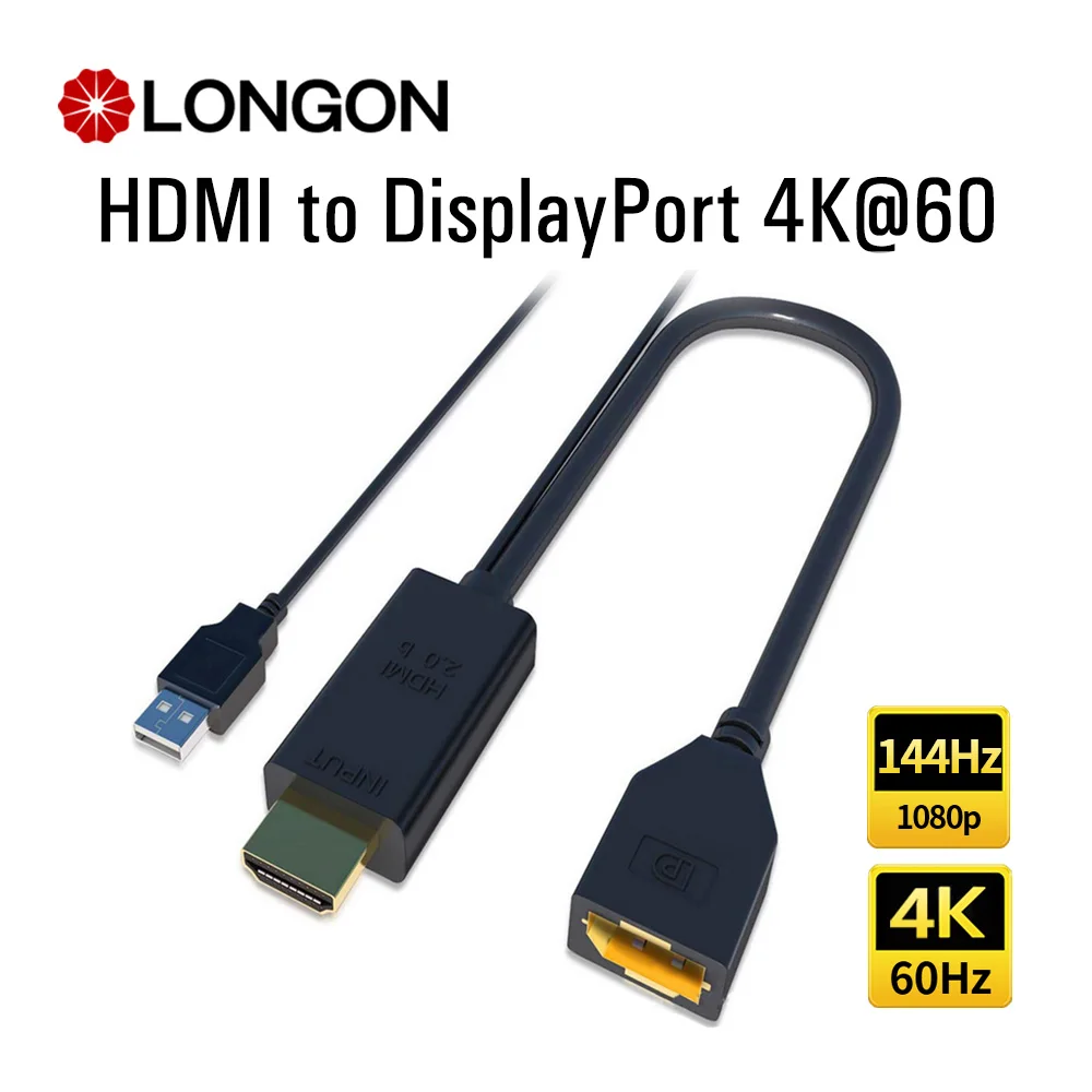 LONGON HDMI to DisplayPort 케이블 4K 60Hz 어댑터 변환기 2K 144Hz 1080P 120Hz For ...
