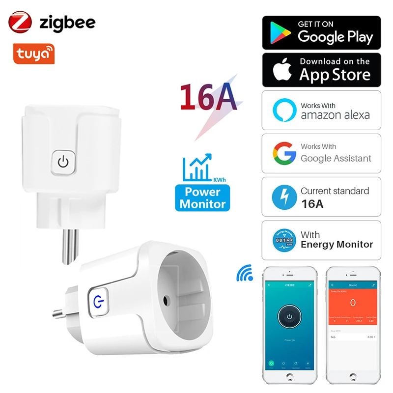 16a Zigbee / Wifi Smart Plug Socket With Power Energy Monitor Eu Multi Plug Tuya App Control ...