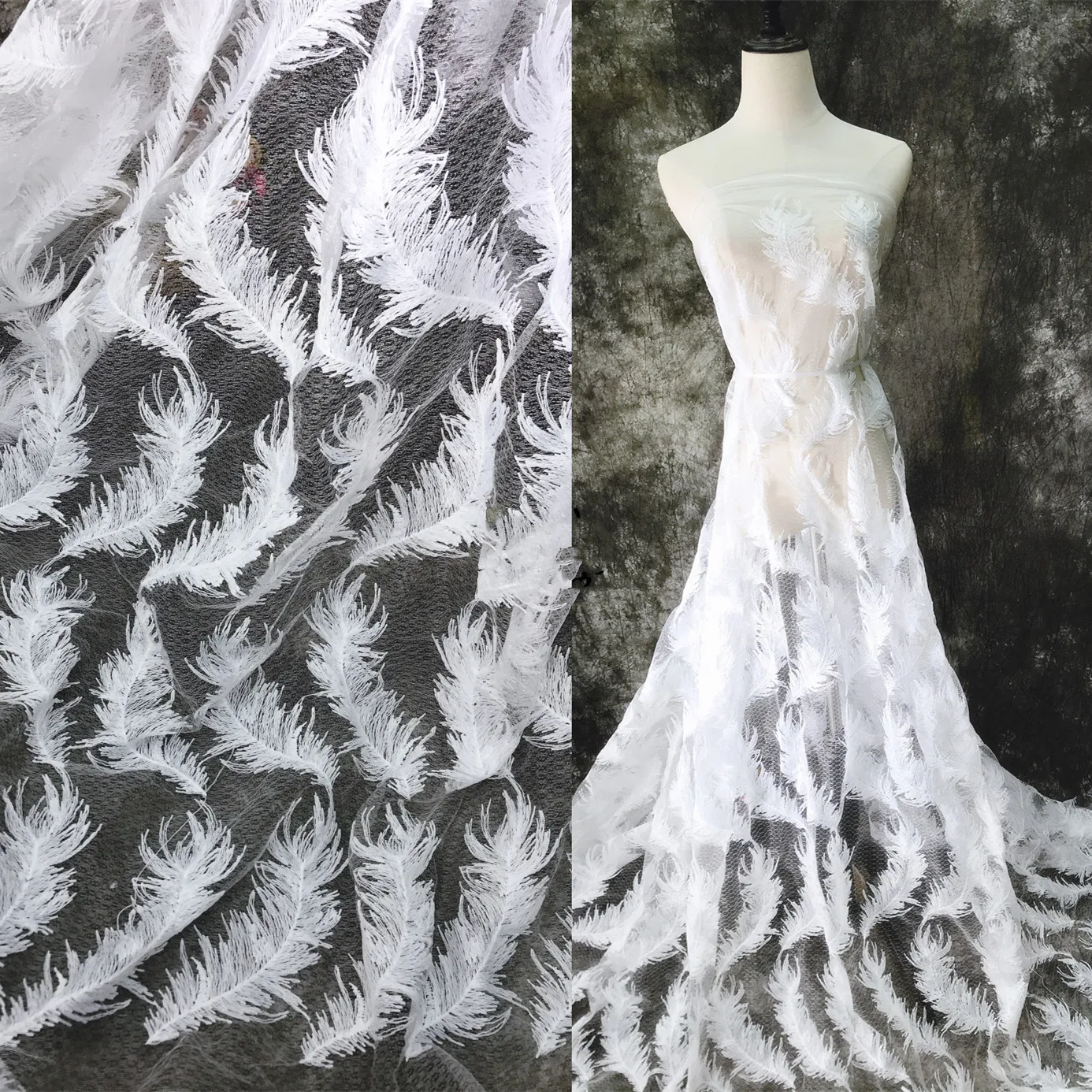 New style large feather embroidery lace fabric wedding dress clothing ...