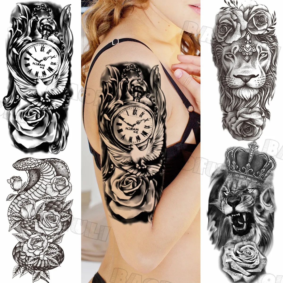 Clock And Rose Tattoo Sleeve