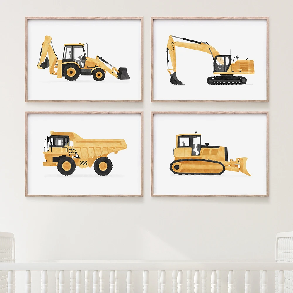 Construction-Vehicle-Boys-Canvas-Poster-Yellow-Dump-Truck-Excavator ...