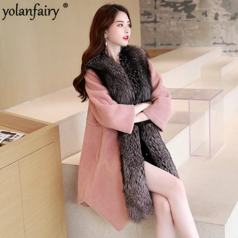 Casaco de pele real feminino gola de pele de raposa ovelha shearing casaco de inverno mulheres ...