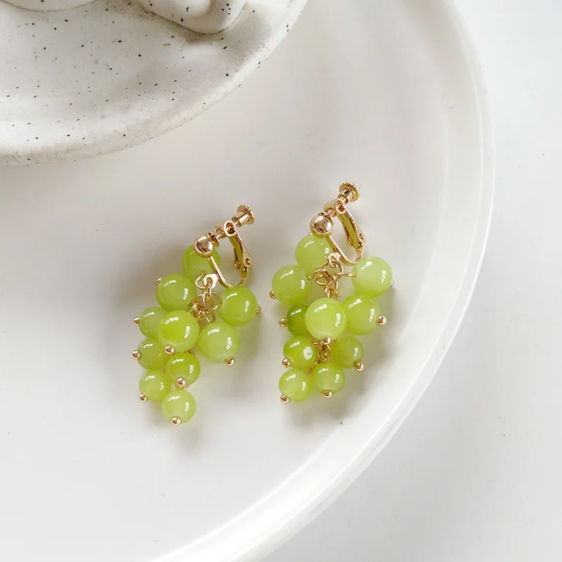 Japanese Style Girls fresh Green Grapes Bunch Clip on Earrings Round ...