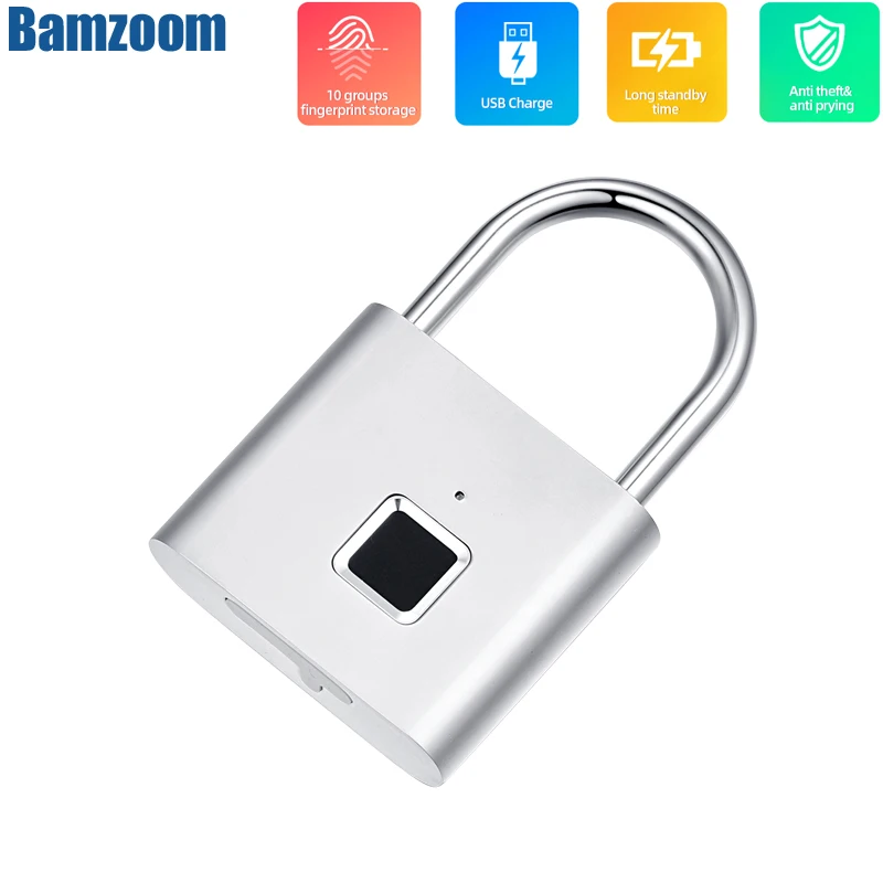 Silver Fingerprint Lock Smart Padlock Thumbprint Door Padlocks Portable ...