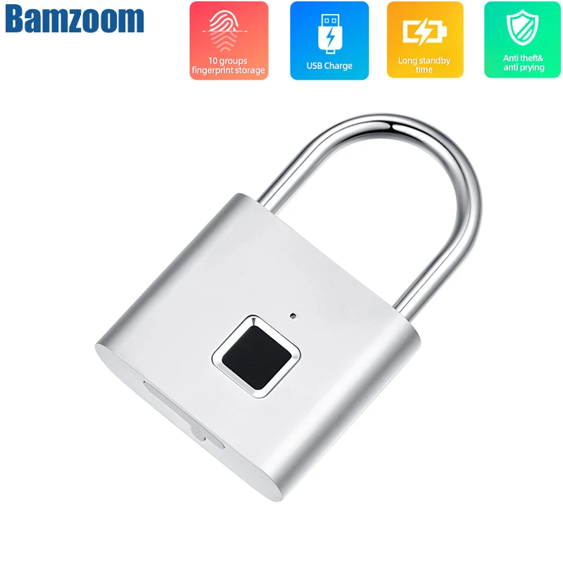 Silver Fingerprint Lock Smart Padlock Thumbprint Door Padlocks Portable ...