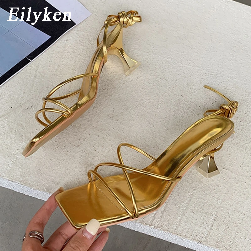 Eilyken Fashion Gold Silver Sandals Thin Low Heel Lace Up Rome Summer Gladiator Women Casual ...
